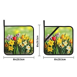Spring Flowers and Tulips Pot Holders Set of 2 with Loop Heat Resistant Hot Pads for Cooking Baking Grilling