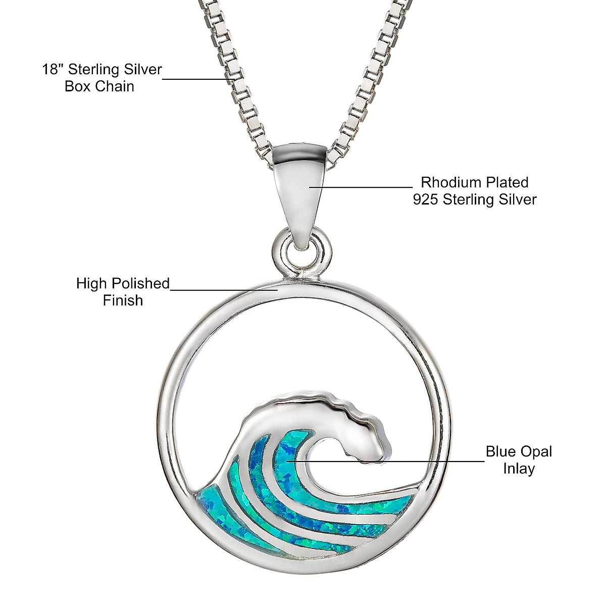 Aloha Jewelry Company Sterling Silver Created Blue Opal Wave Neckalce Pendant with 18" Box Chain