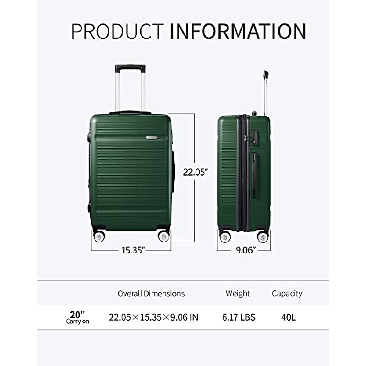 Zitahli Carry on Luggage, Expandable Luggage Suitcase, Hardside Luggage with TSA Lock Spinner Wheels YKK zippers, 20in (Dark Green)