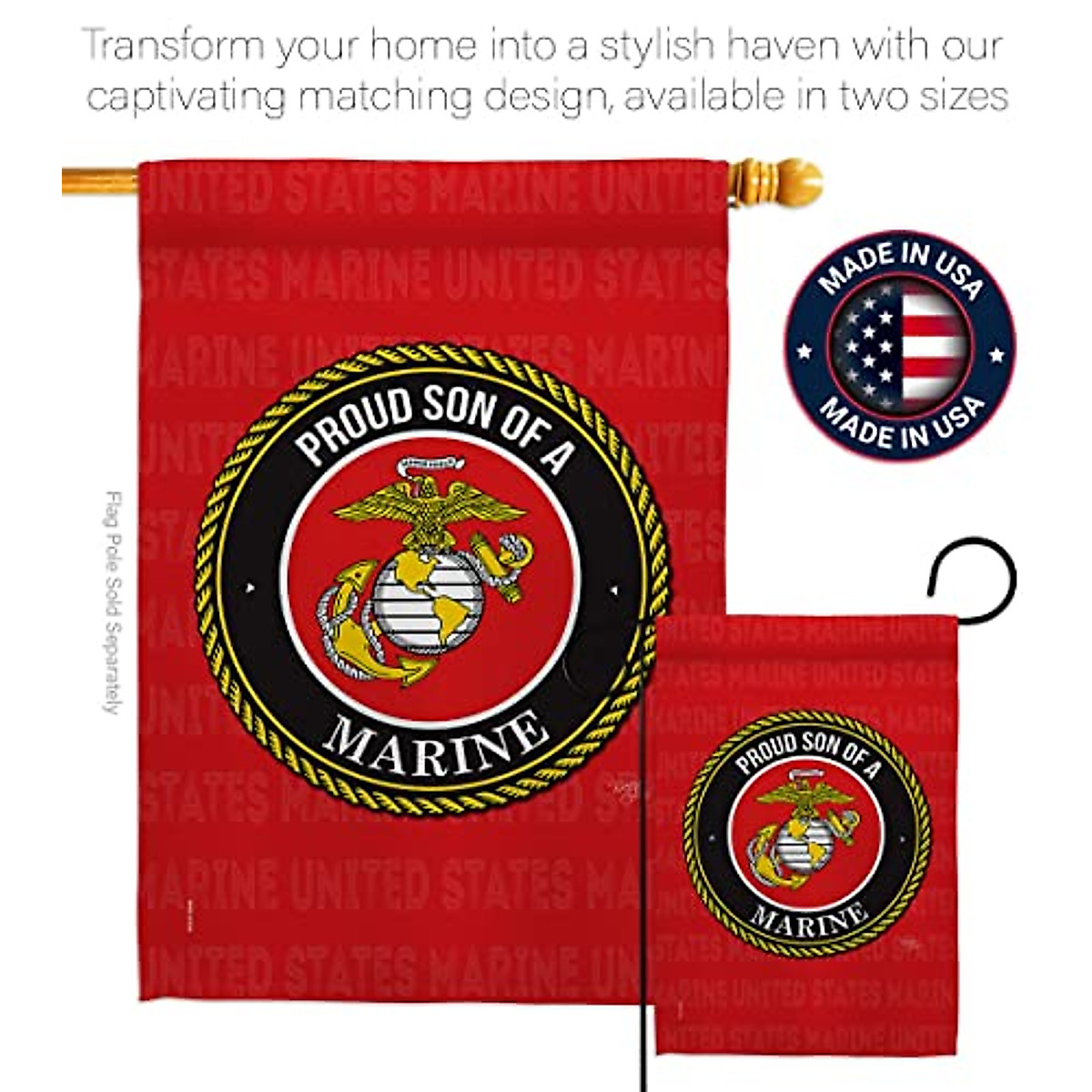 Breeze Decor Proud Son House Flag Pack Armed Forces Marine Corps USMC Semper Fi United State American Military Veteran Retire Official Applique Banner Small Garden Yard Gift Double-Sided, Made in USA