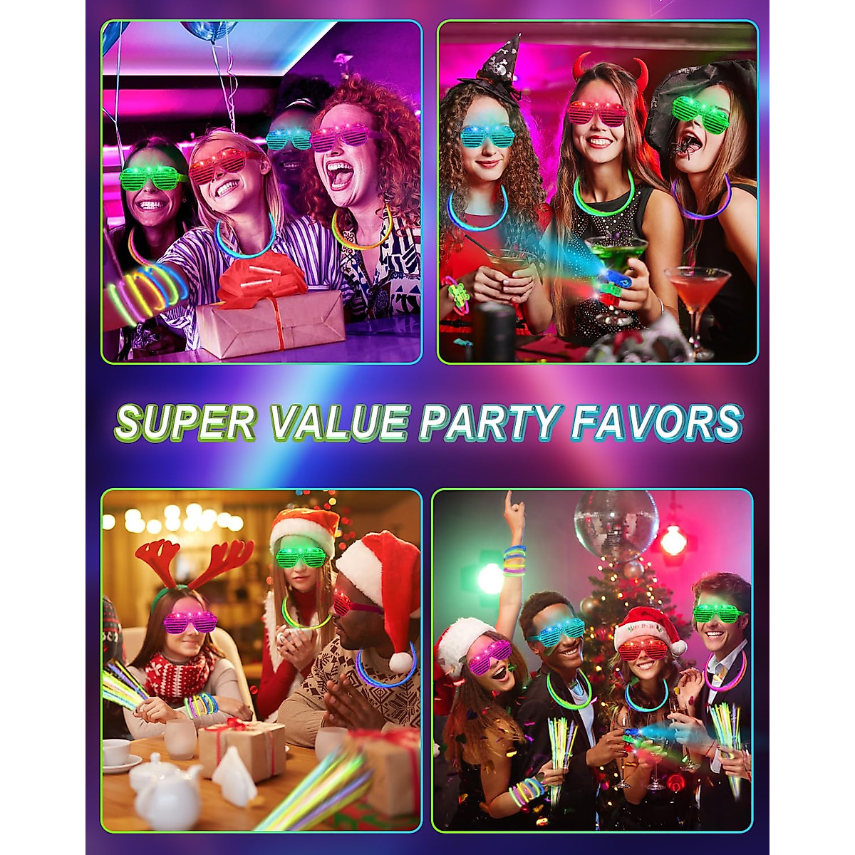 270 PCS Glow In The Dark Party Supplies for Kids Adults, 100 Glow Sticks Bulk Party Pack Light Up Party Favors, 12 LED Glasses, 32 Finger Lights, 8 LED Hair Clips for Wedding Birthday Halloween