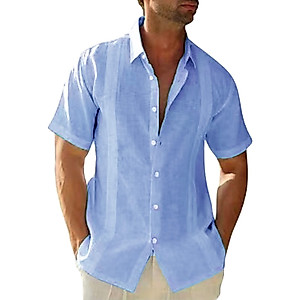 Maiyifu-GJ Men's Short Sleeve Cotton Linen Shirts Lightweight Summer Button Down Shirt Plain Tropical Holiday Beach T Shirt (Light Blue,X-Large)