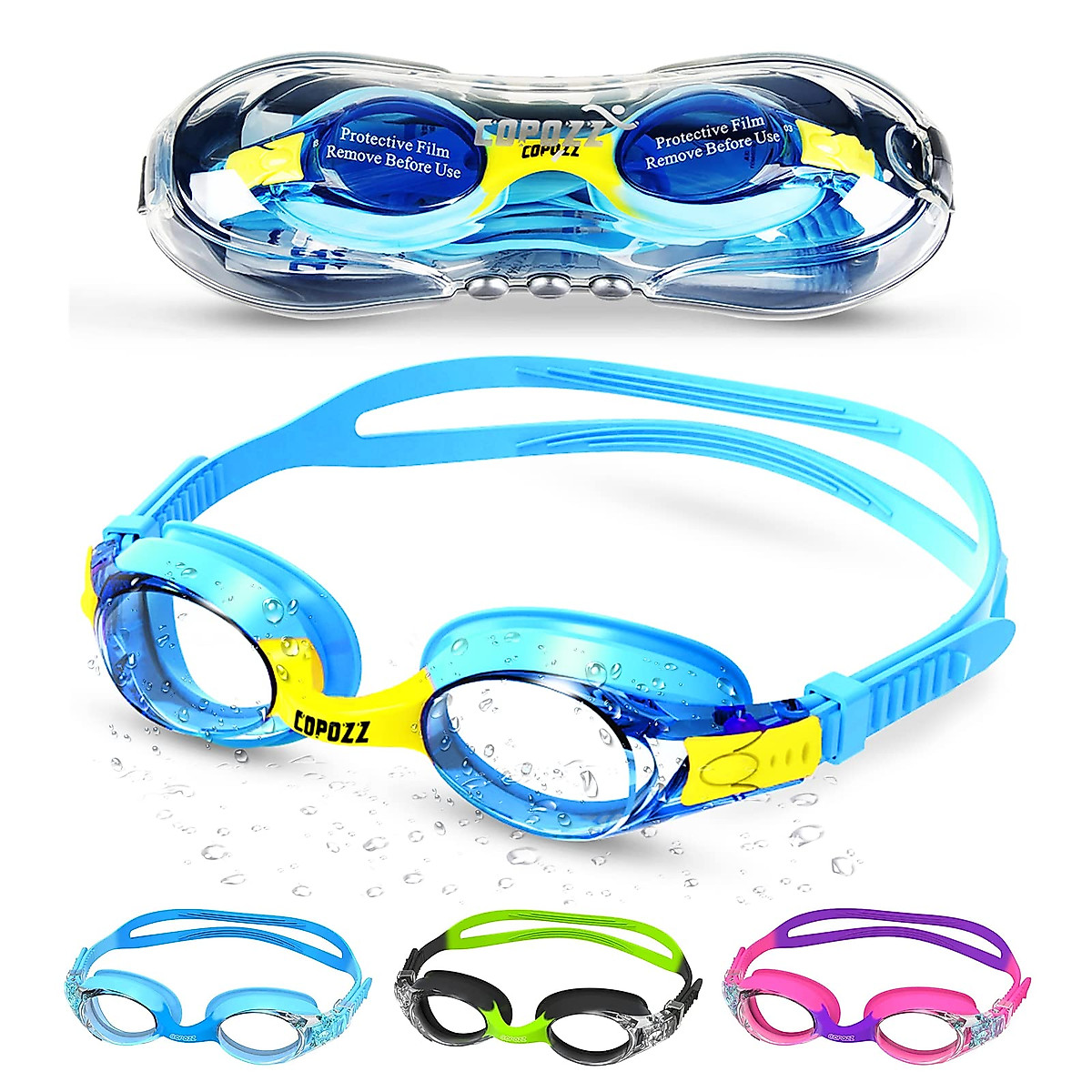COPOZZ Kids Swimming Goggles, Child (Age 4-12) Waterproof Swim Goggles With Clear Vision Anti Fog UV Protection No Leak Soft Silicone Frame And Strap for Kid Boys Girls and Early Teens