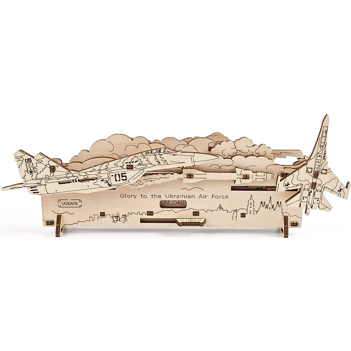 UGEARS Ghost of Kyiv Attacks 3D Wooden Puzzle - Wooden Mechanical Model Kit to Build - DIY Constructor with Gear Mechanism - Brain Teaser Building Set for Adults