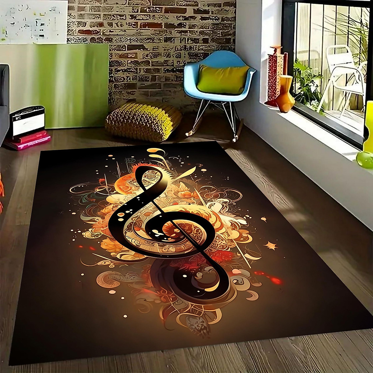 USHIRUG Modern Note Area Rug, 6x8ft, Black Note Gold Floral Fashion Art Large Rug, Indoor Non-Slip Girls Bedroom Rug, Washable Soft Low Pile Rug Suitable for Living Room Hallway Music Room