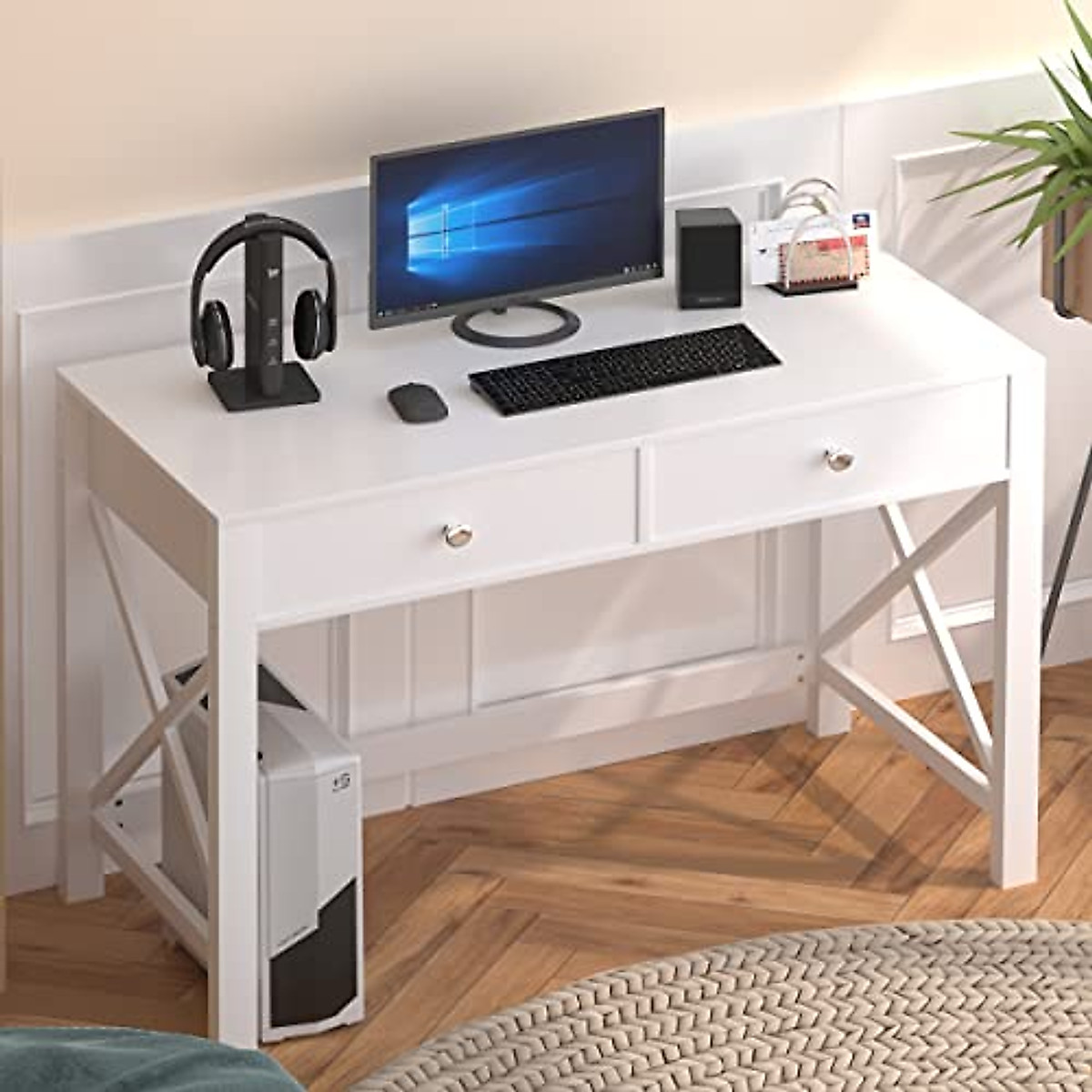 EdMaxwell White Home Office Desk with Drawers, Modern Writing Computer Desk, Small Makeup Vanity Table Desk for Bedroom, Study Table for Home Office
