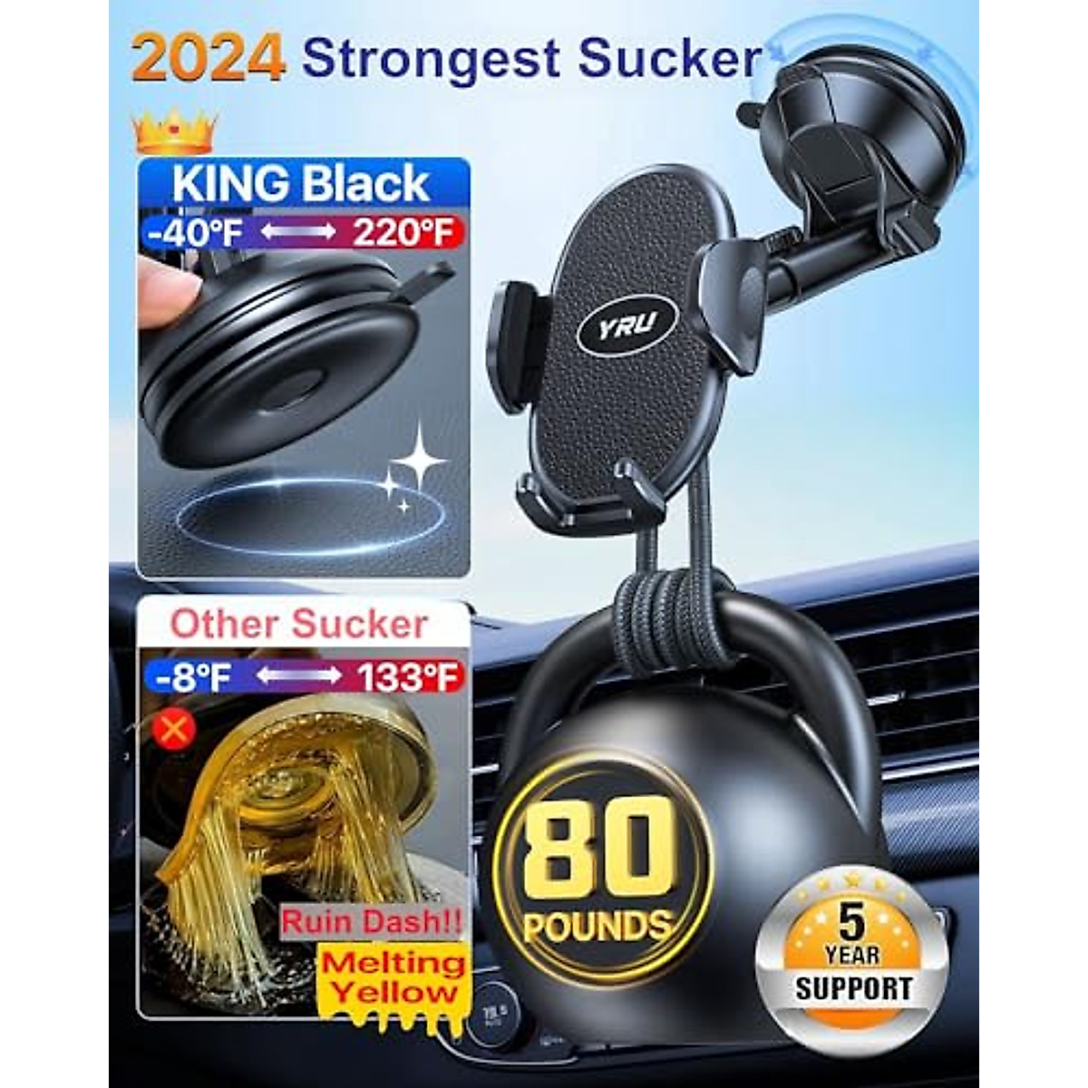 YRU [2024 Upgraded] Universal Car Phone Holder Mount【 360° Rotatable &Strong Suction】 Cell Phone Holder for Car Dashboard Windshield Phone Holder Dash Stand for iPhone 15 14 13 Samsung Truck, Black