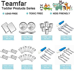 TeamFar Kids Plates, 7.3"×5.3"×0.8", Stainless Steel Plates for Kids Metal Toddler Plate Tray Set for Lunch Dinner Camping, Healthy & Non Toxic, Dishwasher Safe & Oven Safe, Stackable - 2 Pieces