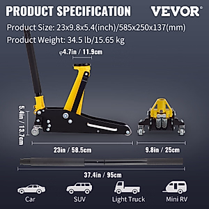 VEVOR 1.5 Ton/3300 LBS Low Profile, Aluminum and Steel Racing Floor Jack with Dual Pistons Quick Lift Pump, Lifting Range 3-3/20"-14-10/27"