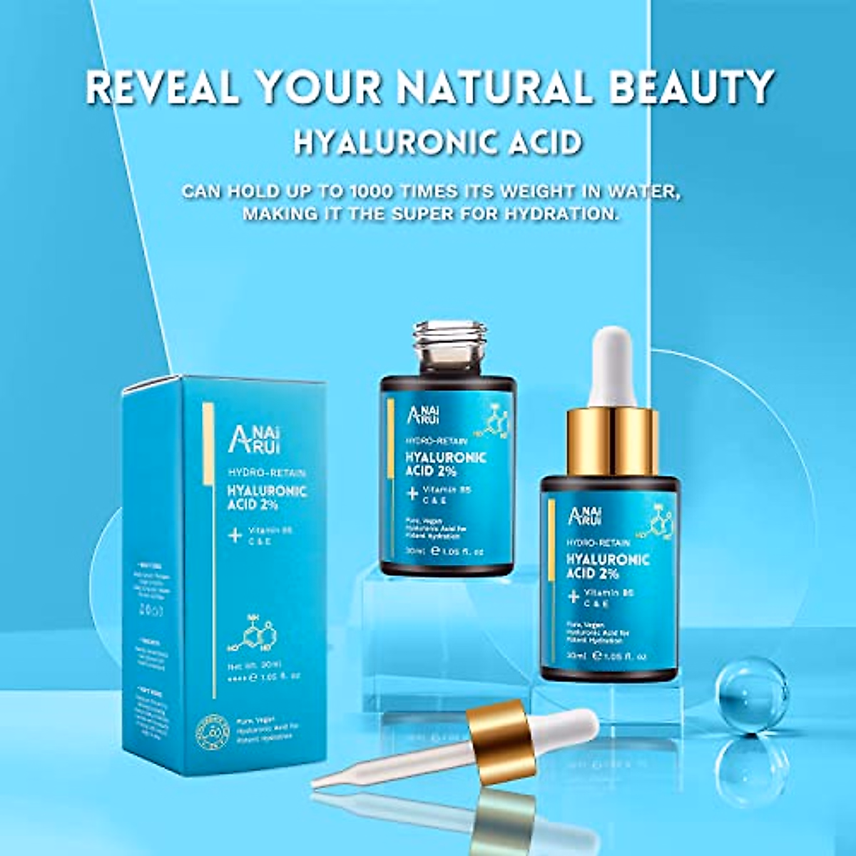 Hyaluronic Acid Serum for Skin 2% with Vitamin B5, C& E - Intense Hydration + Moisturizer, Plumps & Increase Firmness, Non-greasy, Paraben-free - 1. Fl Oz