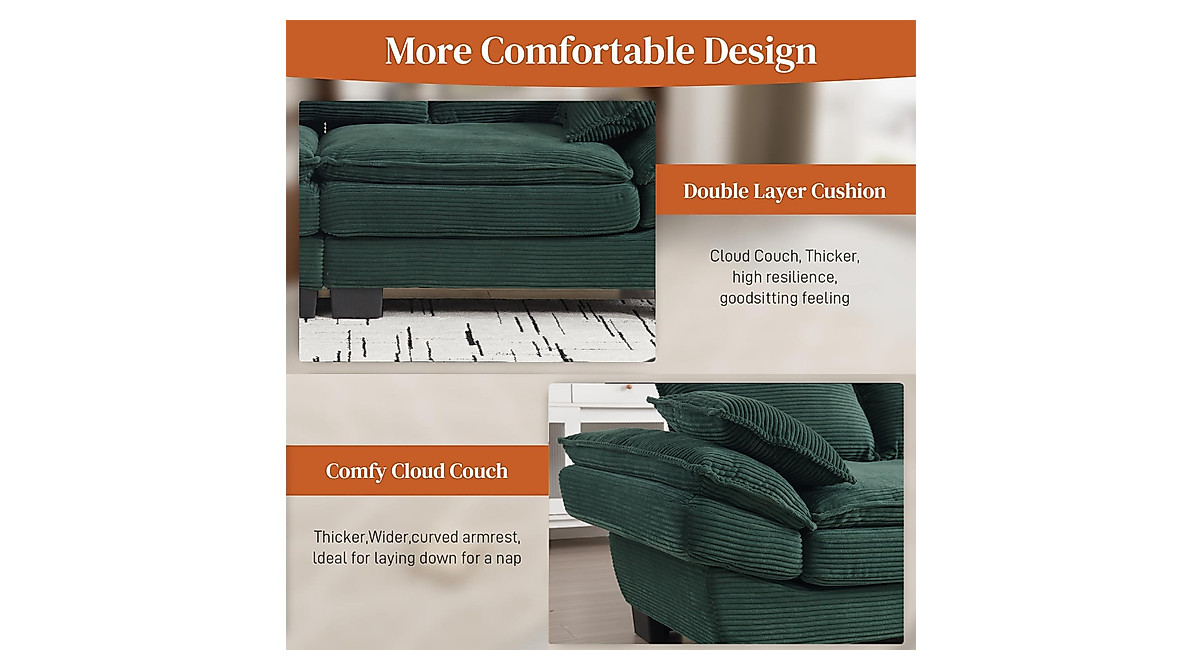 GNIXUU Cloud Loveseat Sofa - Modern 3-Seat Corduroy Couch, Green