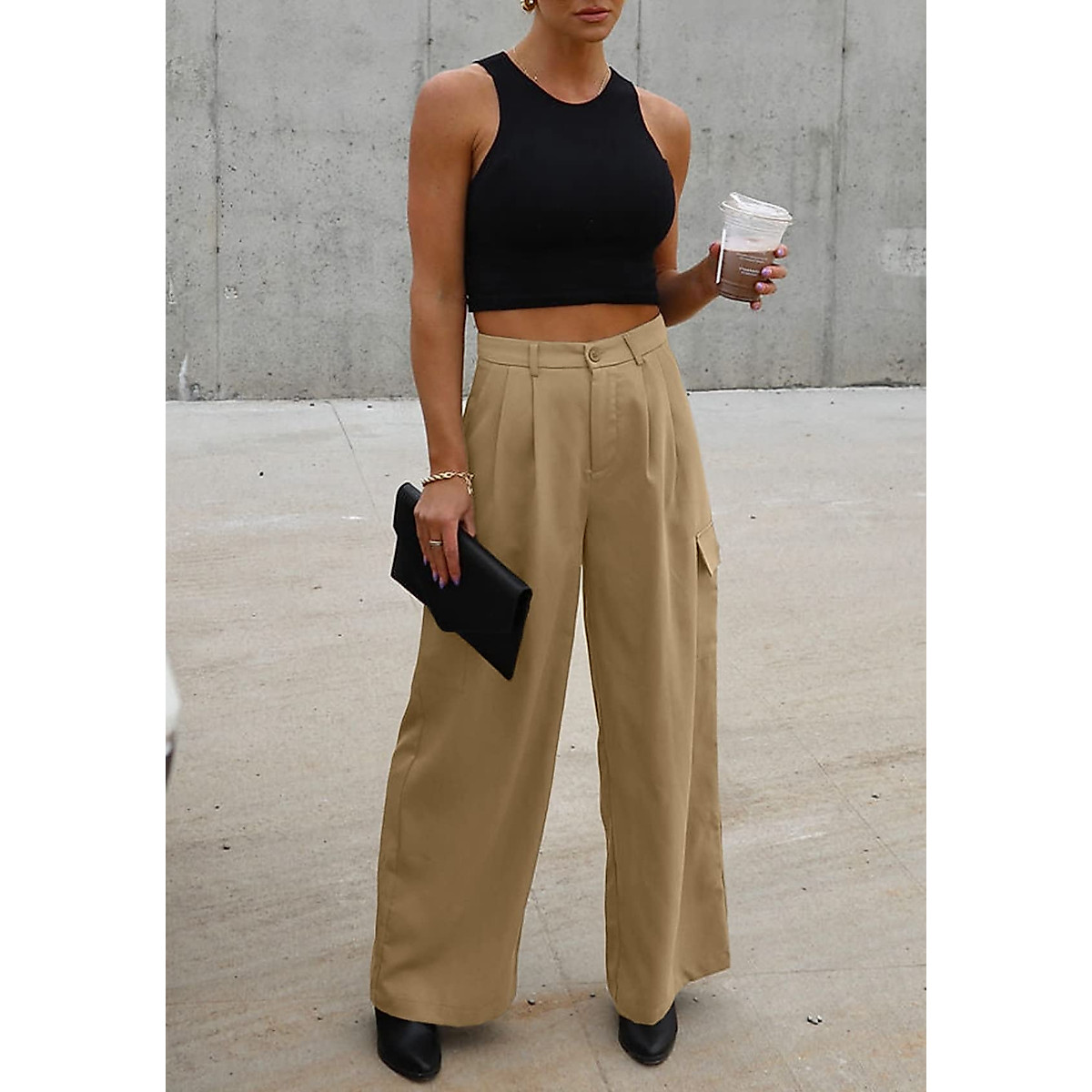 Dokotoo Cargo Pants Women High Waisted Baggy Business Casual Work Petite Pants Wide Leg Dress Pants 4 Pockets Trouser Khaki Plaid Loose 2024 Fall Fashion Clothing