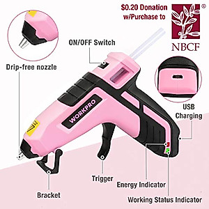 WORKPRO Cordless Hot Melt Glue Gun, Rechargeable Fast Preheating Mini Glue Gun Kit with 20 Pc Premium Glue Stick, Automatic-Power-Off Glue Gun for Art, Crafts, Decorations, Fast Repairs, Pink Ribbon