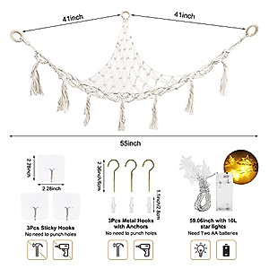 Stuffed Animal Hammock, 55inch Hand-Woven Toy Hammock Boho Tassel Macrame with Star Light String Corner Hanging Organizer Storage Plush Toys Net Holder for Nursery Play Room Kids Bedroom Decoration