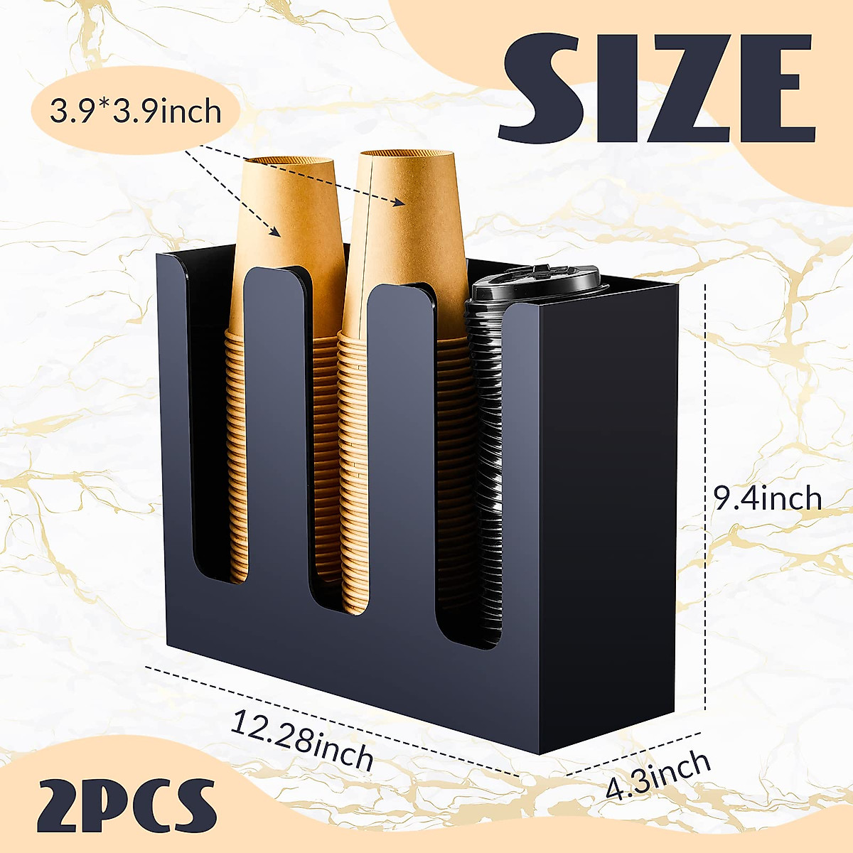 Mumufy 2 Pack 3 Compartments Acrylic Cup Storage Organizer Coffee Cup Dispenser Organizer Disposable Coffee Cup Holder Coffee Organizer Station Paper Cup Lid Sleeve Holder for Restaurant (Black)