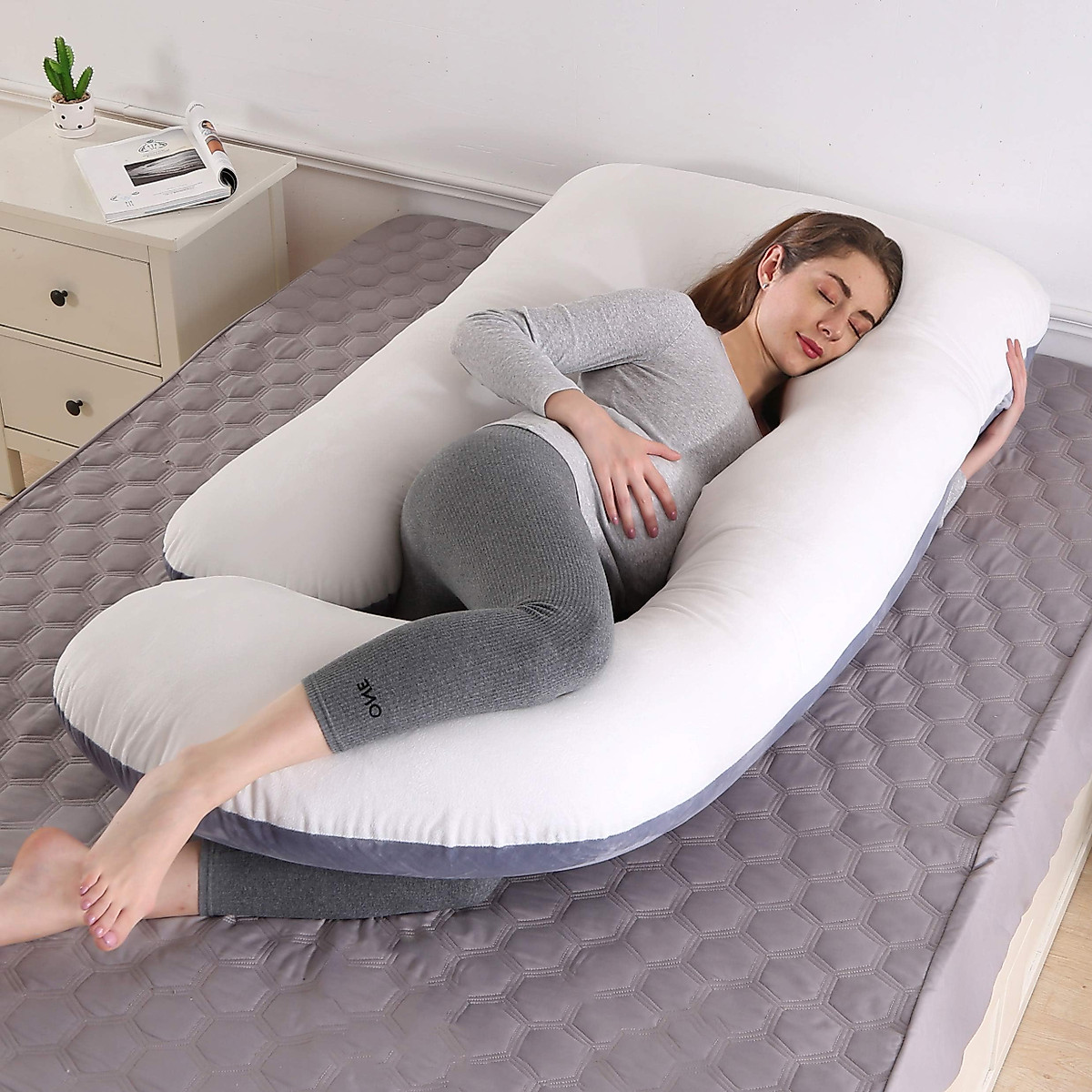 yoyomax J-Shaped Pregnancy Pillows, Full Body Maternity Pillow Memory Foam Pregnancy Pillow with Removable Velvet Cover, 57 Inch Pregnancy Pillows for Sleeping-GREYWHITE