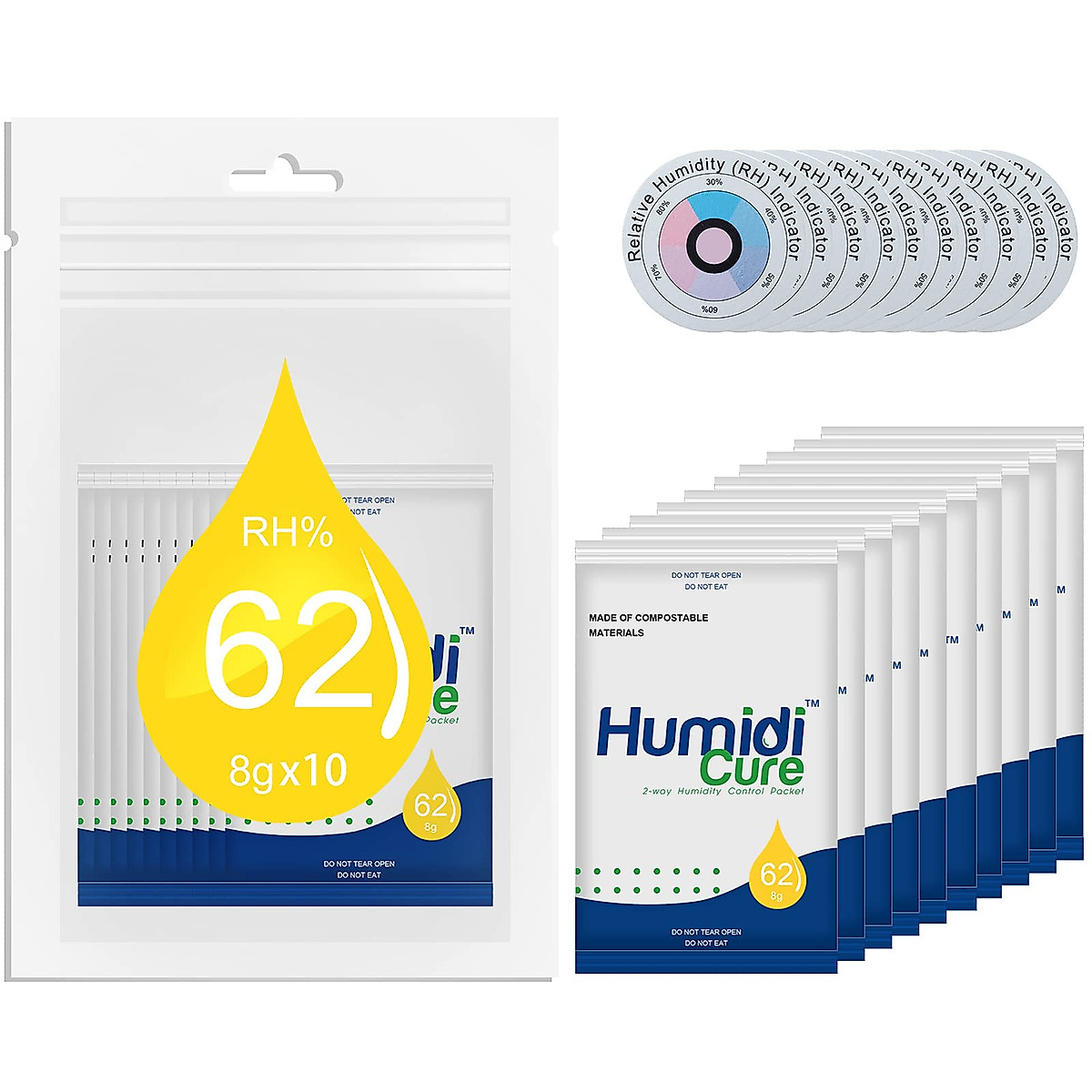 Humidi-Cure 10Pack RH62% Humidity Packs,2-Way Humidity Control Packs,62% Humidor Packets for Herbs with RH Indicator Card,Size 8Gram