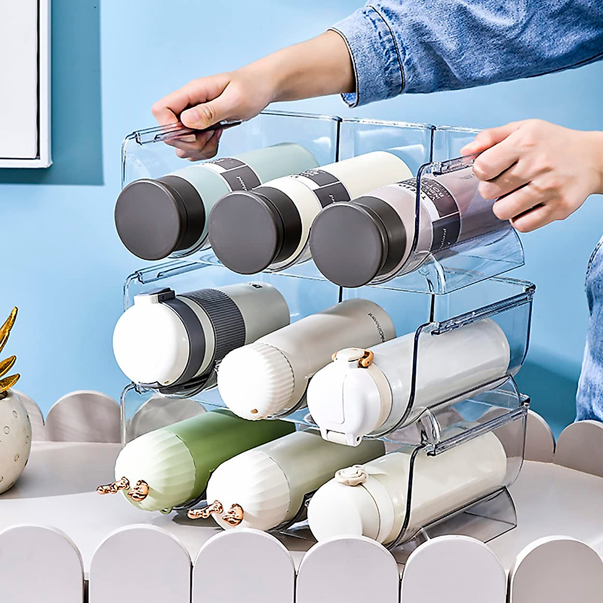 upmd Wine and Water Bottle Organizer Holder, 4 Pack Stackable Bottle Holder Rack for Cabinet, Kitchen Countertop, Home Organization Holds 12 Bottles