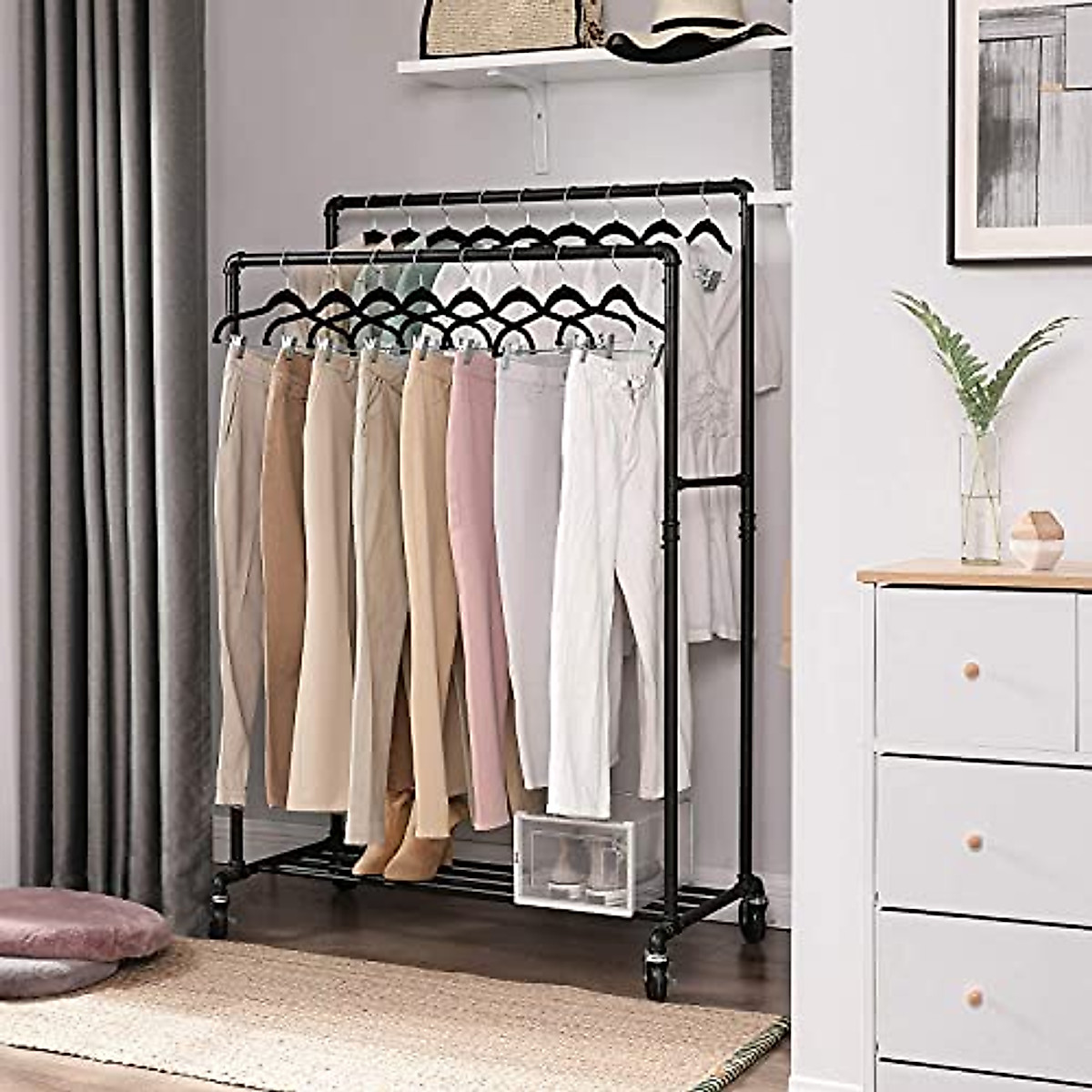 SONGMICS Industrial-Style Pipe Clothes Rack Bundle with 30 Clothes Hangers, Rolling Garment Rack with Bottom Storage Shelf, Velvet Hangers with Adjustable Clips, Black UHSR60B and UCRF12B30