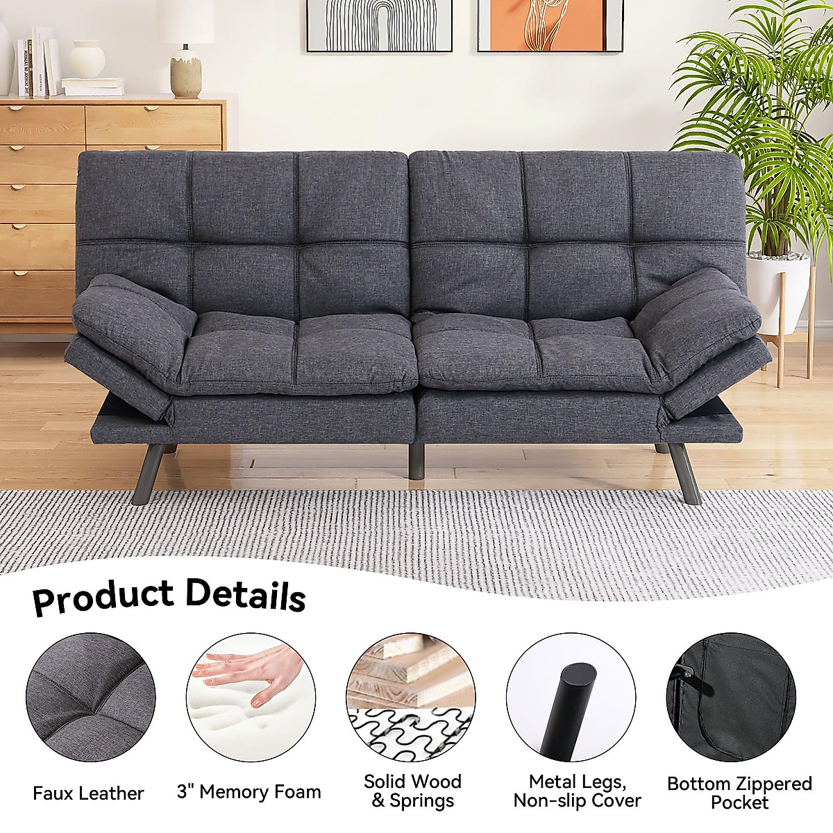 AMICLIBER Futon Sofa Bed Couch,Memory Foam Convertible Futon Couch,Linen Fabric Loveseat Sleeper Sofa Bed,Small Splitback Modern Sofa Bed for Living Room,Office,Apartment,Deep Grey