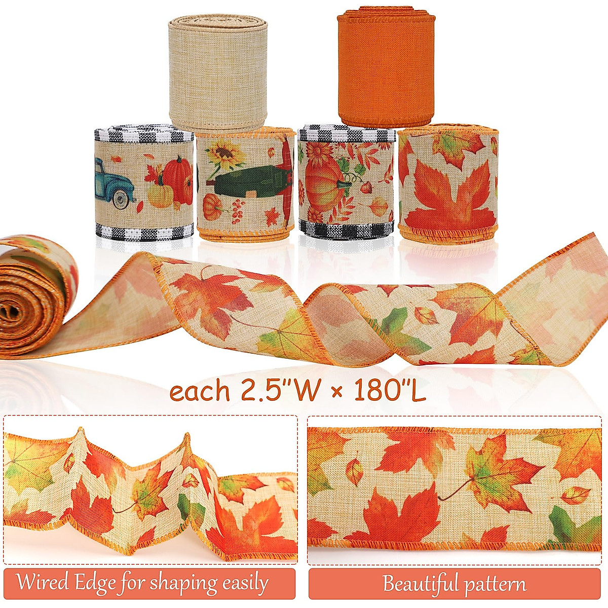 6 Rolls 30 Yards Burlap Ribbon, 2.5″W Buffalo Plaid Wired Edge Ribbon Thanksgiving Theme Craft Ribbon for Wrapping Gifts Making Wreath Bow