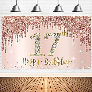 Happy 17th Birthday Banner Backdrop Decorations for Girls, Rose Gold 17 Birthday Party Sign Supplies, Pink Seventeen Birthday Poster Background Photo Booth Props Decor
