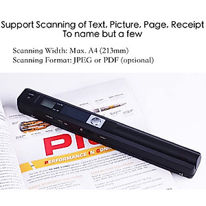 Portable Scanner, Handheld Photo Scanner, A4 Document Scanner for Picture Text Receipt Page in 300/600/900Dpi JPG PDF Format Hand Scanner Support USB Transfer Micro SD Card, No Driver