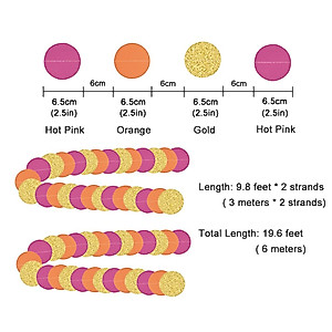 MOWO Hot Pink Orange and Gold Paper Garland Circle Dots Hanging Decoration for Birthday Graduation Wedding Bachelor Bachelorette Party, 2.5'' in Diameter, 10-feet, 2 Strands