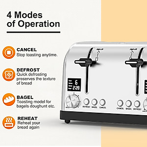 Toaster 4 Slice,Ultra-Clear Led Display, Dual Control Panels With Independent Settings,Retro Stainless Steel Toater with 6 Shade Settings,4 Slice Toaster with Bagel Lainsten Toaster T-5057D (Silver)