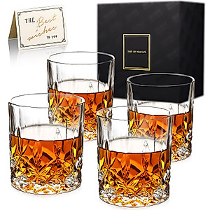 HOHY Whiskey Glasses Set of 4, Old Fashioned Glasses, Bourbon Glasses, 11 oz Thick Bottom Old Fashioned Whiskey Glasses for Men, Premium Whiskey Gifts for Bourbon, Scotch, Cocktail.