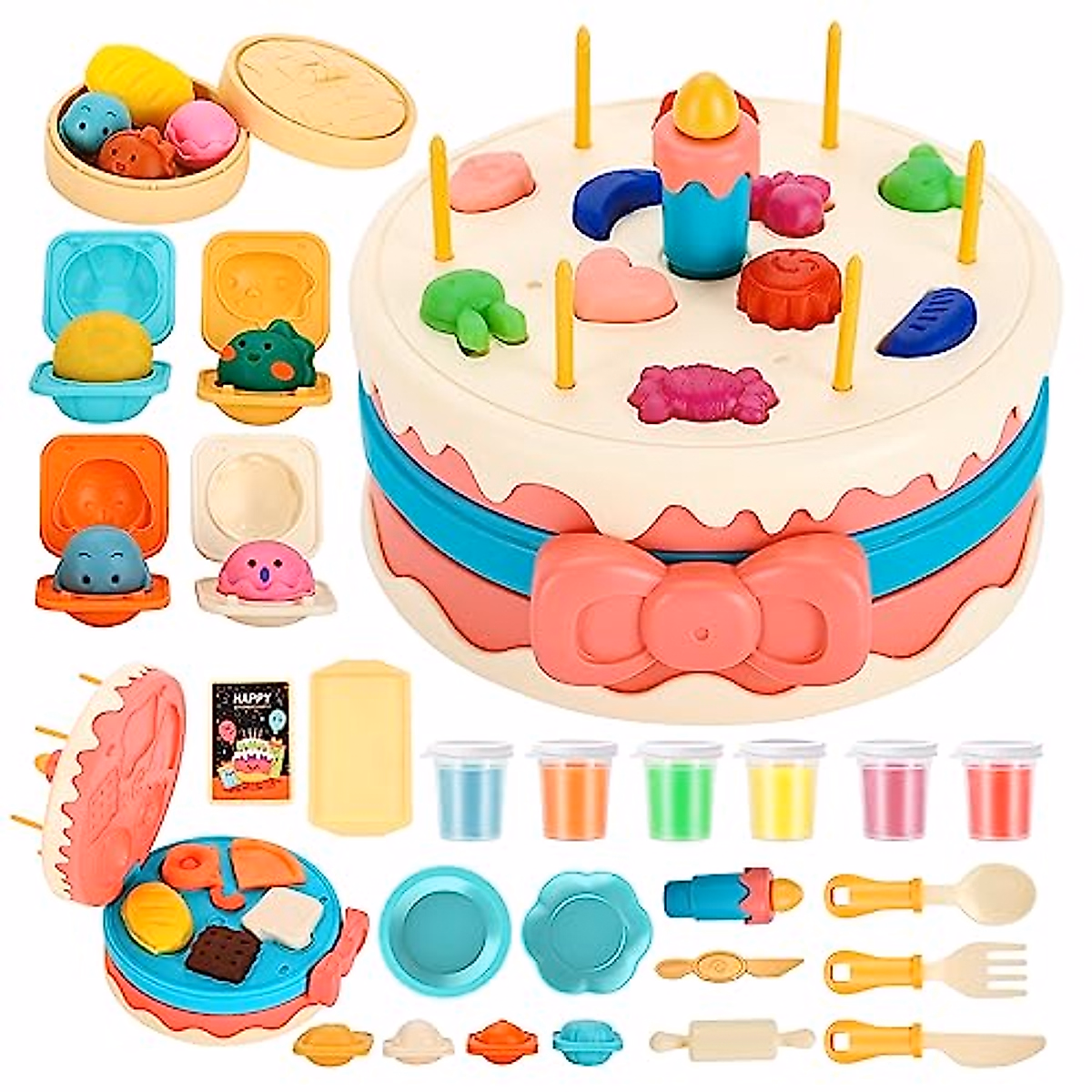 Color Dough Toys,Dough Accessories Set Kitchen Creations Kit Birthday Cake Playset Dough Tools with Molds,Plates,Steamer,Pretend Birthday Party for Boys Girls Kids Ages 2-8 Holiday Gift,23 Pieces