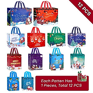 Fayayuan 34 Pack Christmas Gift Bags Assorted Sizes, 22 Styles Reusable Tote Bags Includes 4 Extra Large 17",18 Large 13",8 Medium 10",4 Small 8" Non-Woven Christmas Bags for Xmas Party Supplies