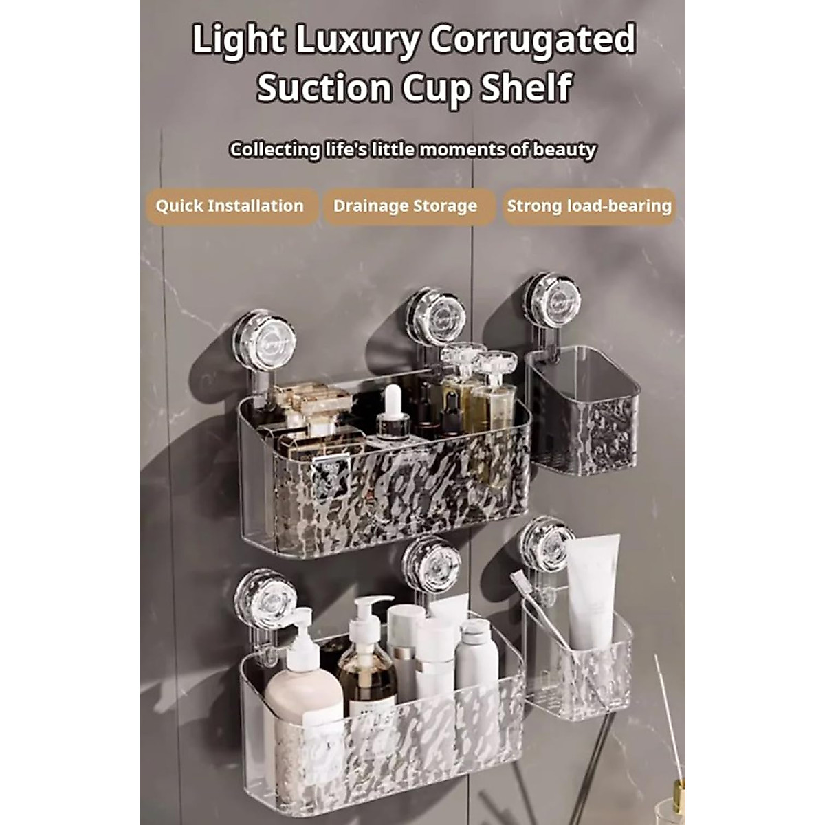 PUCHEN Light Luxury Style Glacier Pattern Suction Cup Shelf, 2024 New Suction Shower Caddy, Shower Suction Cup Shelf Basket, Shower Dispenser Soap Organizer, Suction Cup Shower Shelves (Small)