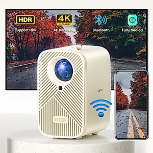 ZEEMR Mini Projector, Portable Projector with WiFi and Bluetooth, Support 1080P and 4K, HDR10, Fully Sealed Dust-Proof, Outdoor or Home Theater Projector, Compatible with All TV Stick(White)
