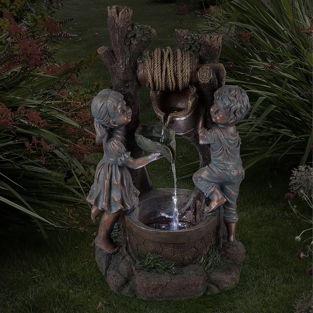 Boy and Girl Outdoor Water Fountain - Cascading Waterfall with Soothing Sounds and 4 LED Lights for Garden or Patio by Pure Garden (Antique Bronze)