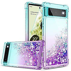 Gritup Pixel 6 Case, Google Pixel 6 Case with HD Screen Protector, Glitter Liquid Pixel 6 Phone Case Gradient Bling Quicksand Protective Soft Phone Case for Google Pixel 6, Teal/Purple