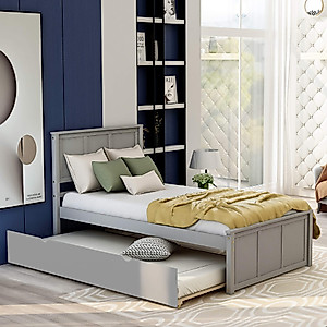P PURLOVE Twin Size Bed Frame with Trundle,Wood Platform Bed with Twin Size Trundle Bed,Twin Platform Bed Frame with Headboard with Slat Support, No Box Spring Need