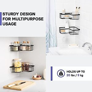 KINCMAX Corner Shower Caddy, Rustproof SUS304 Stainless Steel, Adhesive Wall Mount Double Baskets 2-pack with Built-in Hooks (Matte Black)