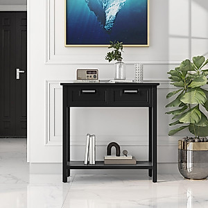GOFLAME Console Table with Storage, Wooden Small Entryway Table with 2 Drawers, Open Storage Shelf, Rubber Wood Legs, Modern Entry Table, Narrow Sofa Table for Living Room, Hallway, Entrance (Black)
