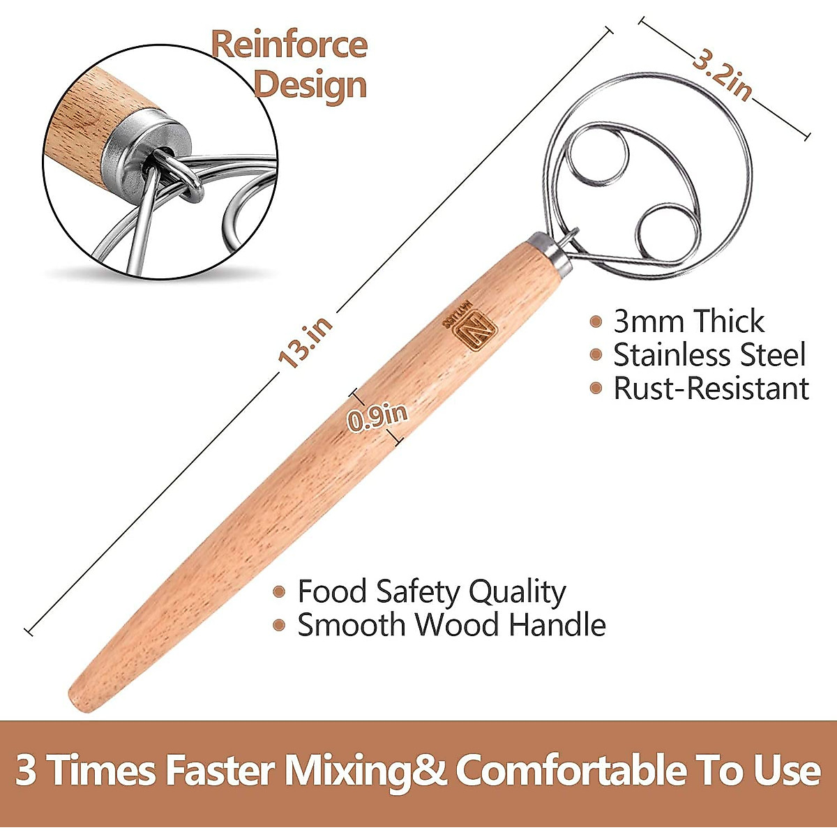 Natluss Original Danish Dough Whisk Dutch Style 13" Stainless Steel Large Wooden Hand Dough Mixer Baking Tool For Bread, Batter, Cake, Pastry, Pancake mixer, Cookie Dough Mixer For Cooking and Baking
