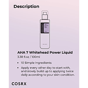 COSRX 7% Glycolic Acid Whitehead Removing Power Liquid, 3.38 fl.oz, AHA Exfoliant, Exfoliating Toner for Face & Body, Pore Minimizer, Korean Skin Care