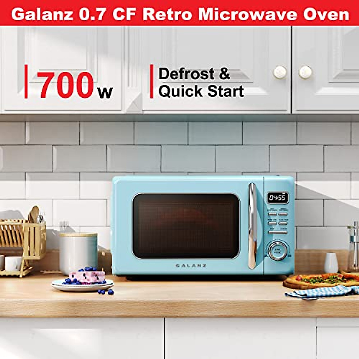 Galanz GLCMKZ07BER07 Retro Countertop Microwave Oven with Auto Cook & Reheat, Defrost, Quick Start Functions, Easy Clean with Glass Turntable, Pull Handle.7 cu ft, Blue