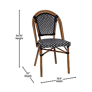Flash Furniture Bordeaux Set of 2 Indoor/Outdoor Commercial French Bistro Stack Chairs - Black/White PE Rattan Back and Seat - Natural Bamboo Print Aluminum Frame