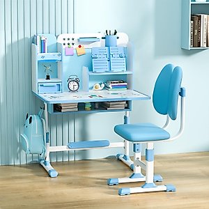 yoakaiax Premium Kids Study Desk Chair Set,Height Adjustable Children's Desk and Chair School Study Table Chair with Pattern,Ergonomic Desk Chair with Writing Board, Bookshelf and Drawer for Boys Gir