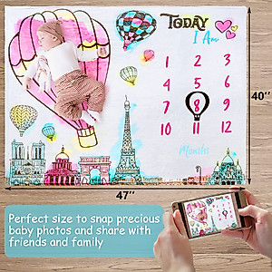 SUKOON Milestone Blanket for Baby Boy/Girl | Large - 47L x 40W | Personalized Baby Month Blanket with Hot Air Balloon Marker and Bib