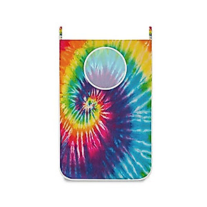 Swirl Rainbow Tie Dye Door Hanging Laundry Hamper Bag Space Saving Wall Large Laundry Basket Storage Dirty Clothes Bags with Bottom Zippers Hooks for Bathroom Bedroom 1 Pcs
