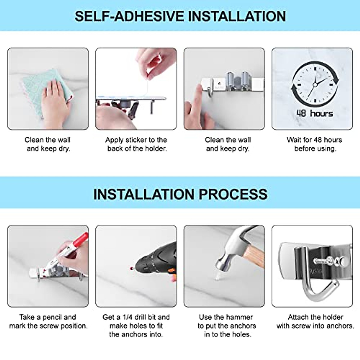 Rose Kuli 2 Pack Mop and Broom Holder, Wall Mounted Organizer Mop and Broom Storage Tool Rack with 6 Ball Slots and 8 Hooks for Garage, Garden, Laundry Room