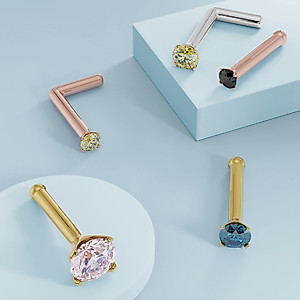 FreshTrends 1.5mm Blue Diamond Prong Nose Ring Stud, 14K Rose Gold | 20G | Twist