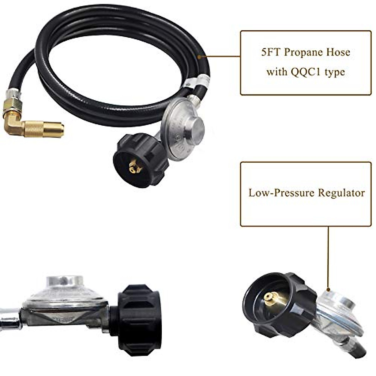 5 Feet Low Pressure Propane Regulator Hose,QCC1 Universal Grill Regulator Replacement Parts with 90 Degree Elbow Adaptor for 17" and 22" Blackstone Tabletop Camper Grill