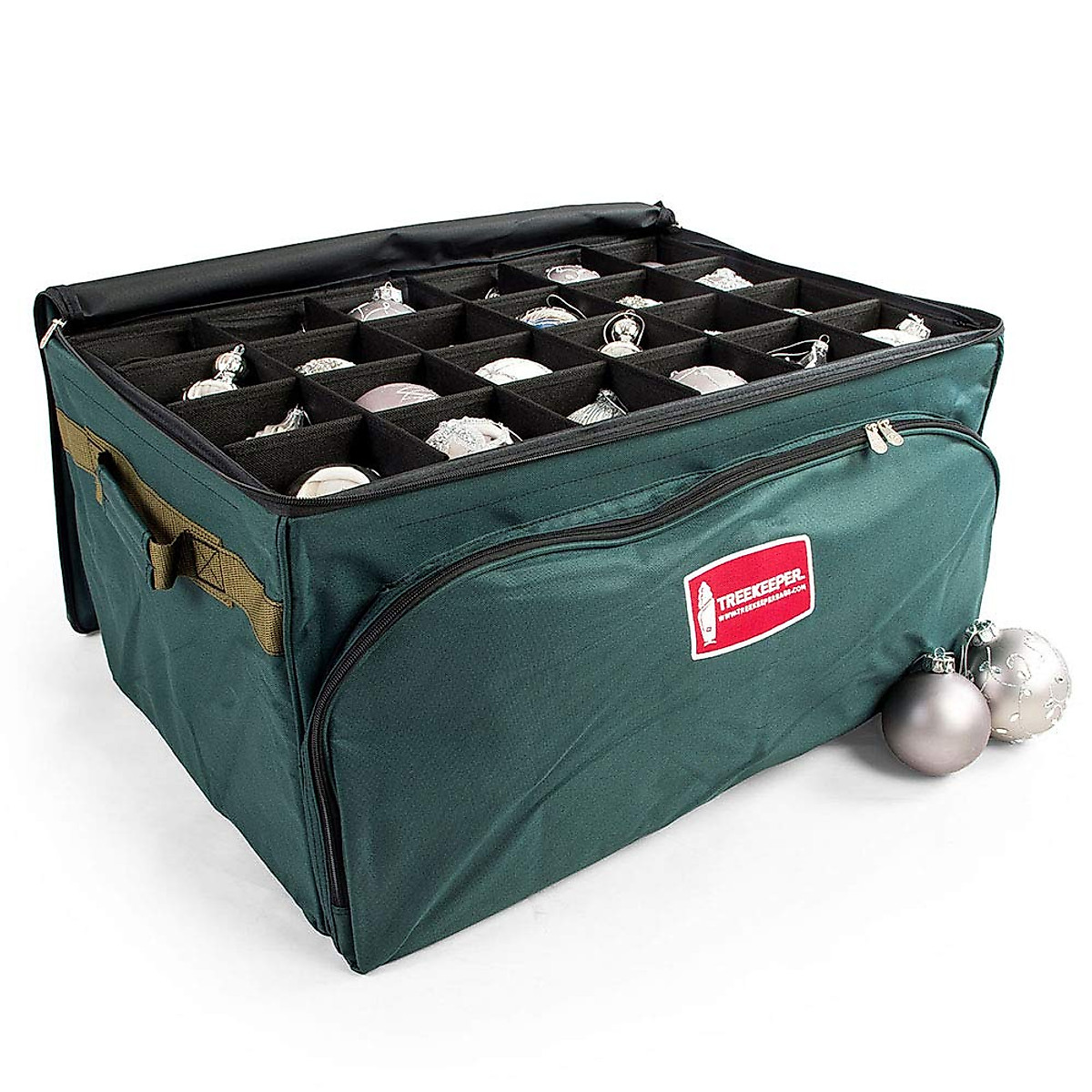 TreeKeeper (Green Christmas Ornament Storage Box with Dividers) - Deluxe Ornament Keeper - Holds 72 Ornaments up to 4 Inches in Diameter | 3 Removable Trays with Separators | Acid-Free Fabric Lining